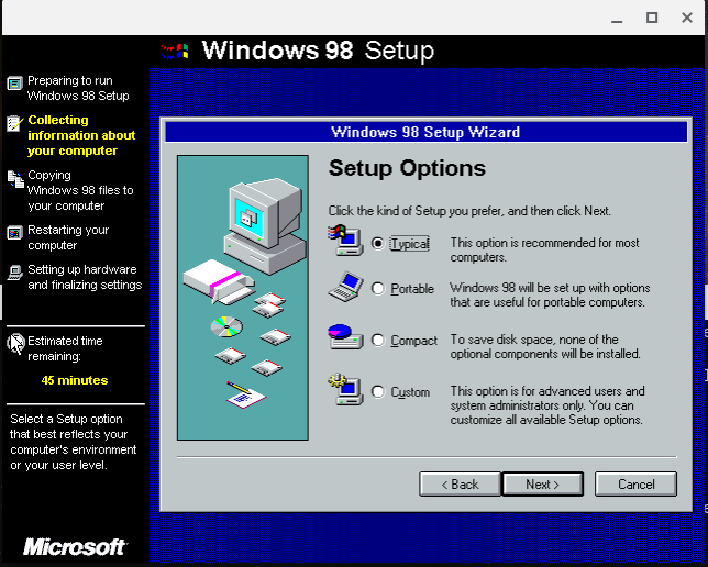 Installing Windows 98SE on a Chromebook (VM)